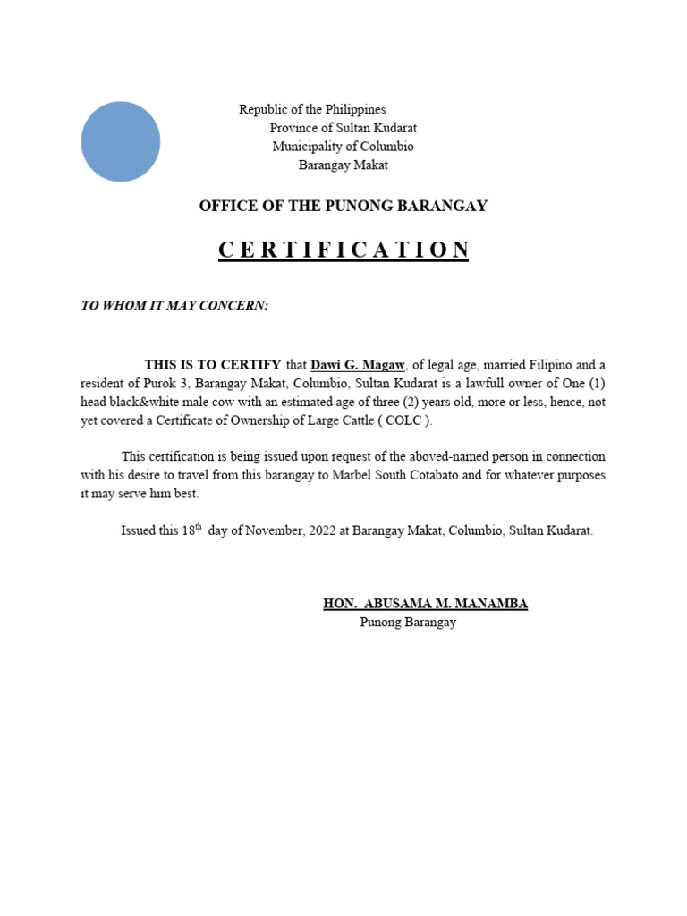 Barangay Certifications Overview | PDF | Philippines