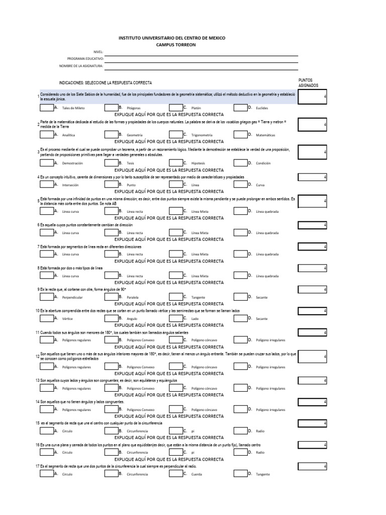Formato de Examen Educem Ecxel | Descargar gratis PDF | Ángulo | Tangente