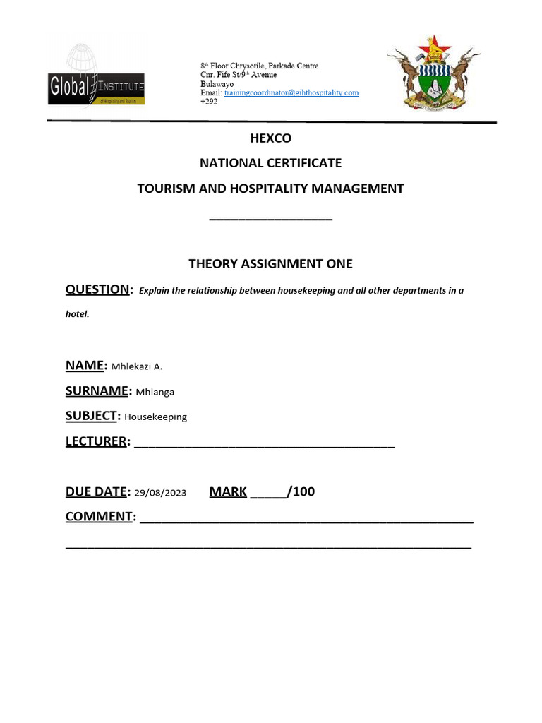 Tourism and Hotel Management Assignment | PDF | Housekeeping | Hotel