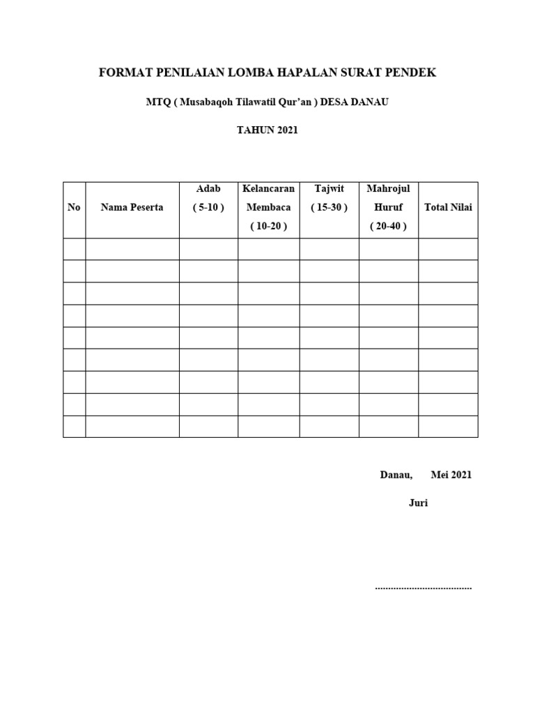 Format Penilaian MTQ Desa Danau 2021 | PDF