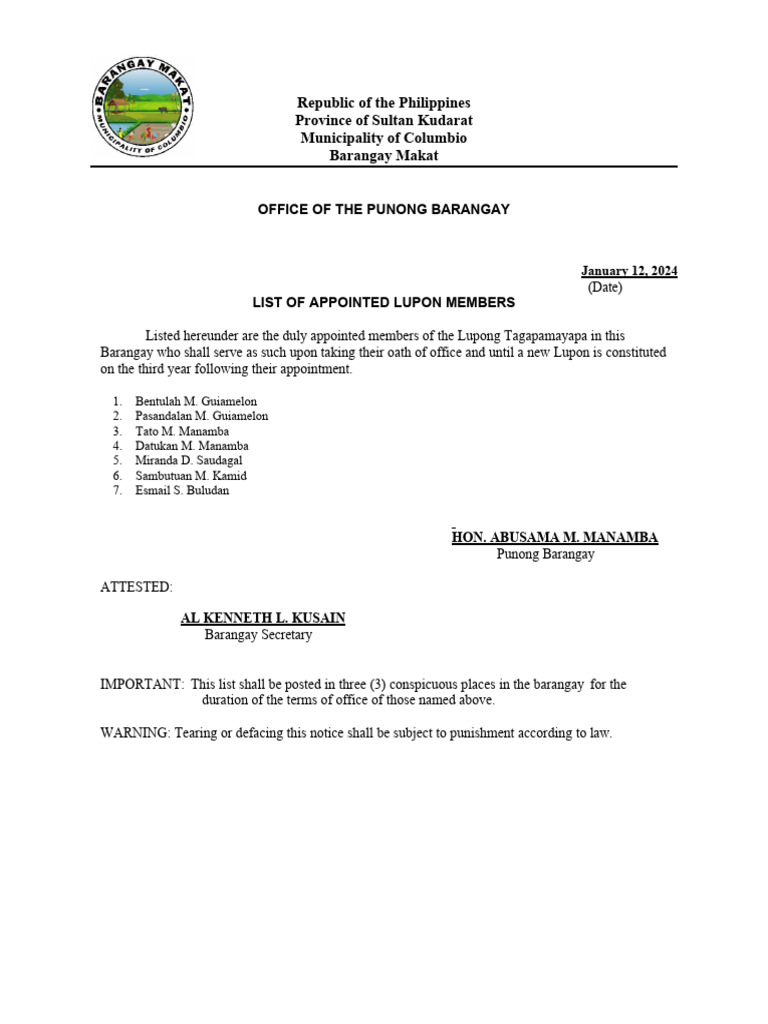 List of Appointed Lupon | PDF