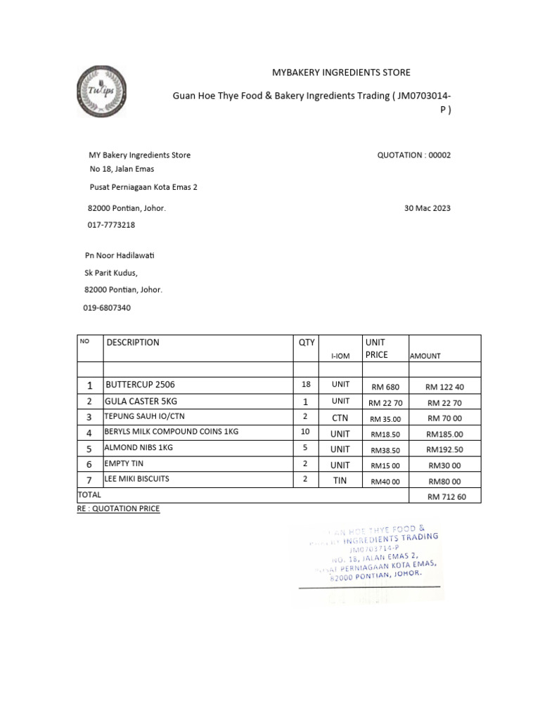 MYBAKERY INGREDIENTS STORE Quotations | PDF