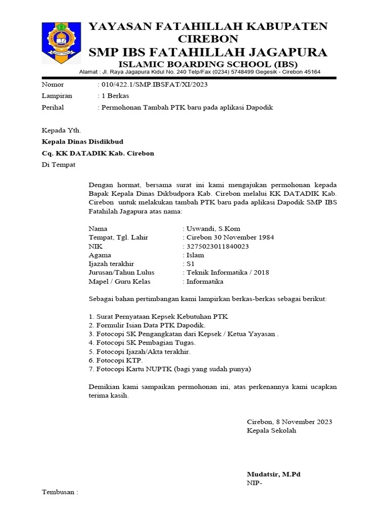 Surat Permohonan Tambah PTK | PDF