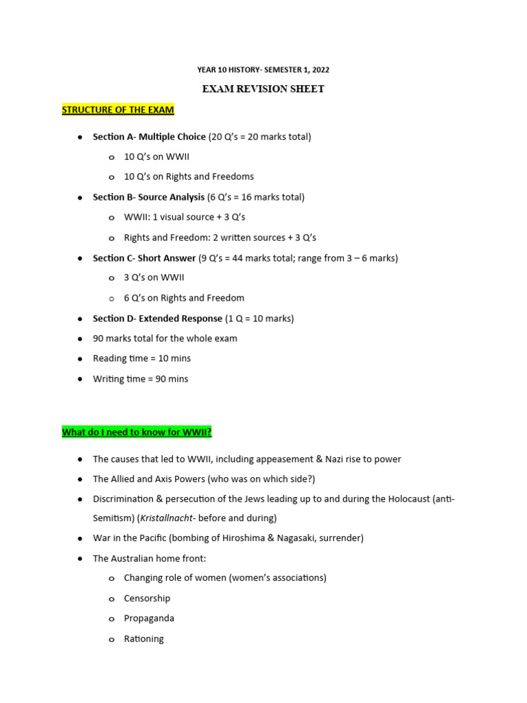 10 History Exam Revision Sheet - Sem 2 2022 | PDF