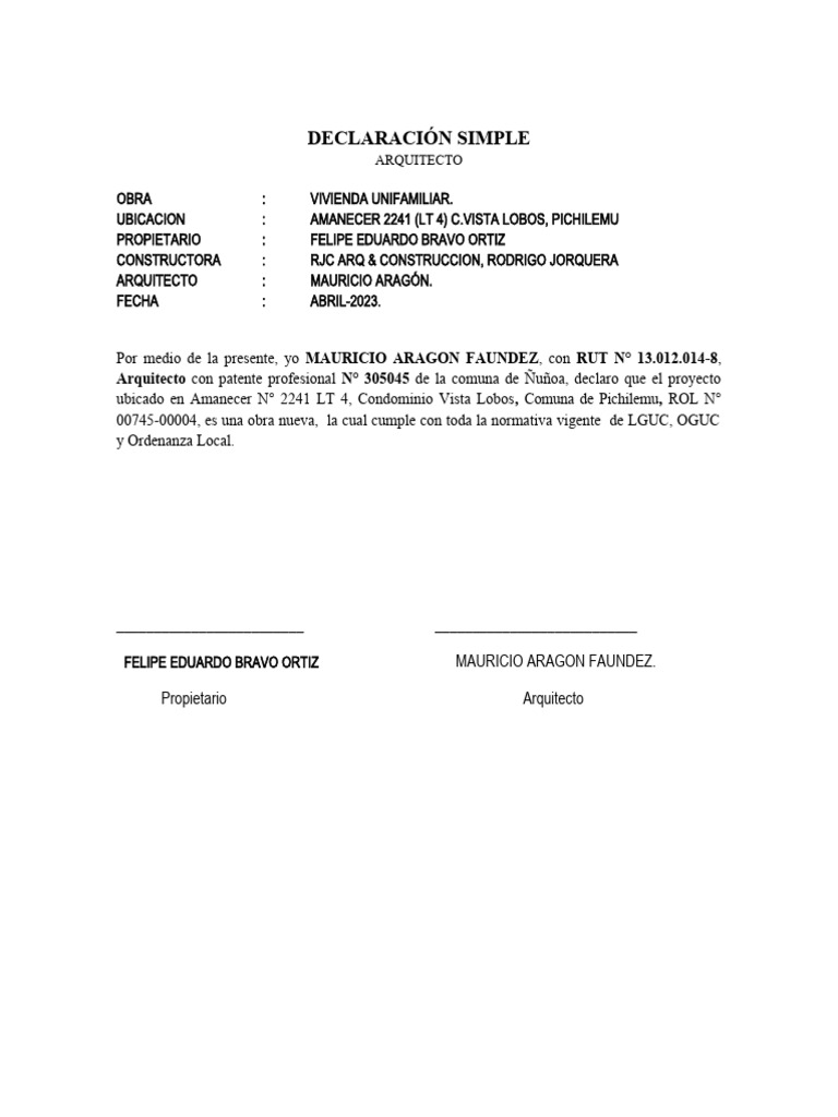 Declaración Simple Casa Bravo | PDF
