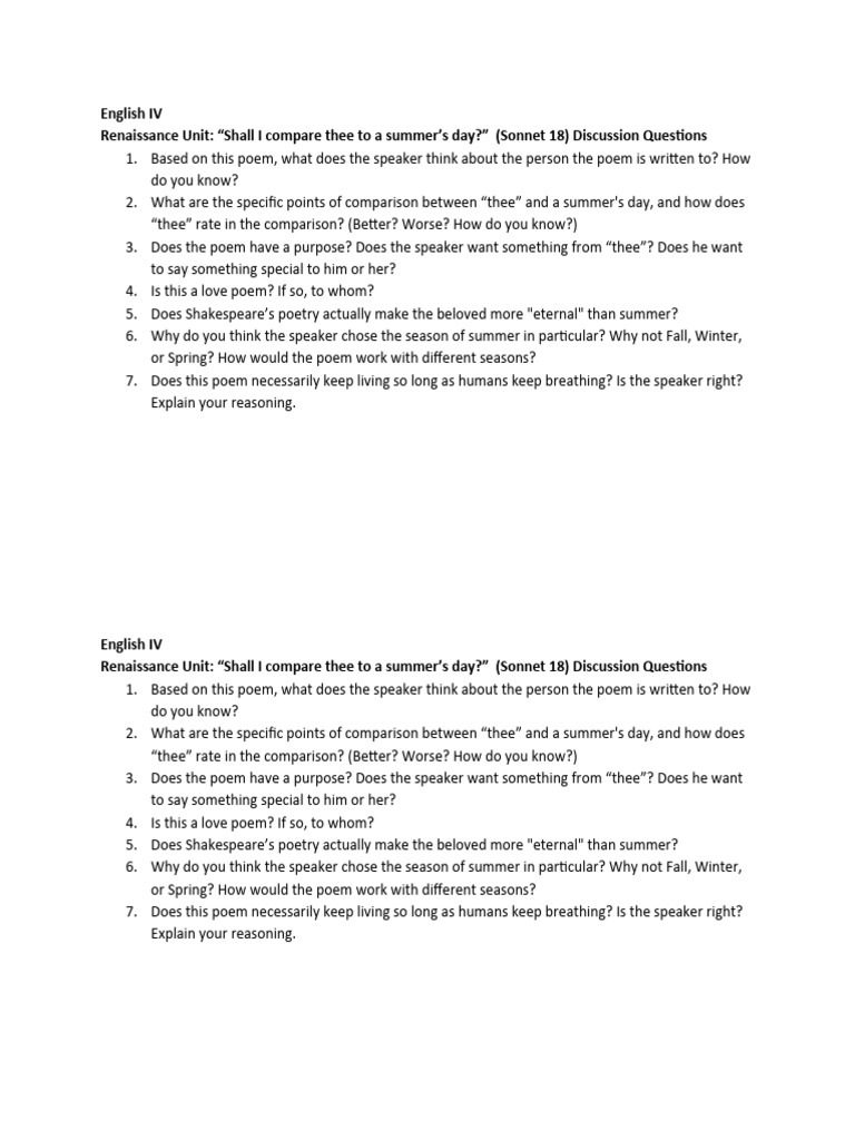 Sonnet 18 Discussion Questions | PDF