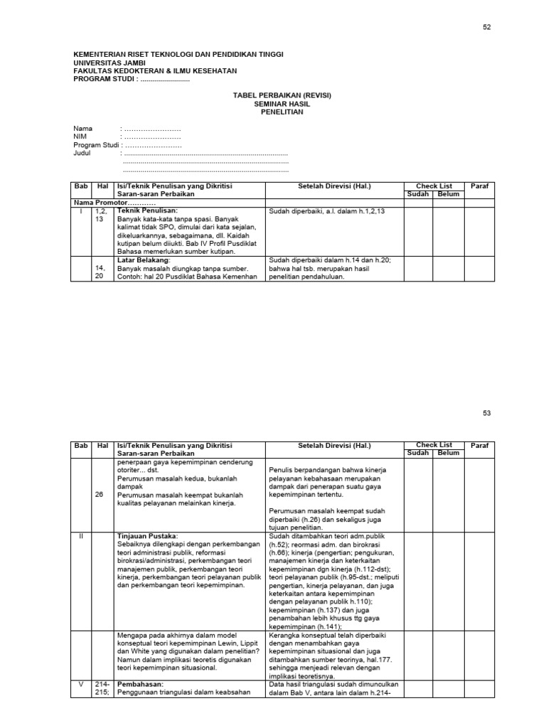 Tabel Perbaikan Sempro Skripsi Fkik Unja | PDF