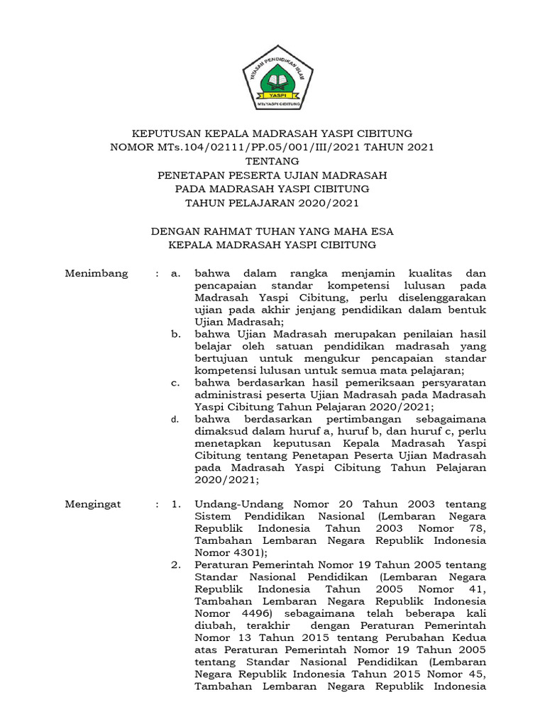 Contoh SK Peserta Ujian Madrasah Madrasah Tahun 2021 | PDF