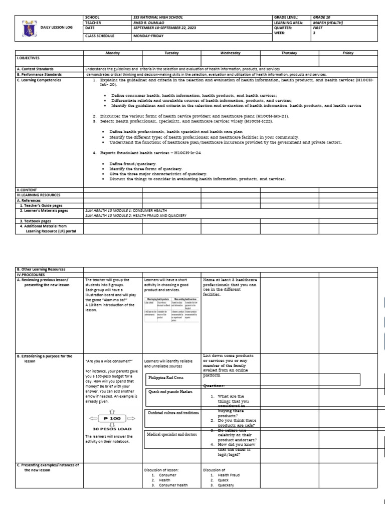 DLL Health Lesson 1 2023 2024 | PDF | Health Care | Learning