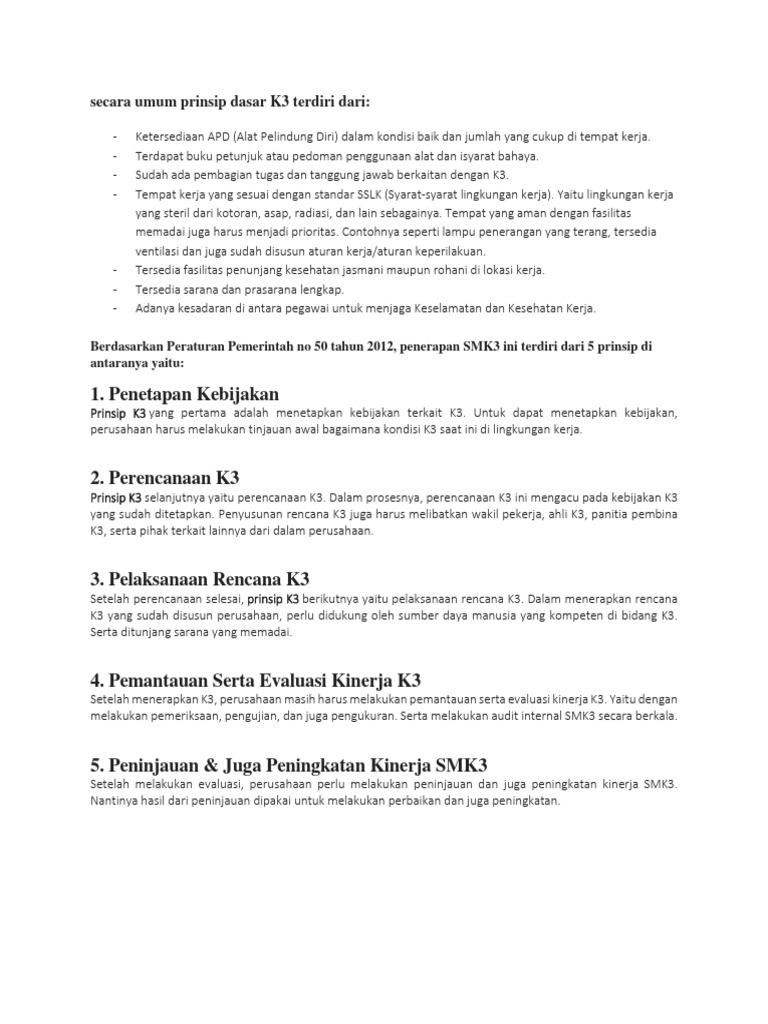 Secara Umum Prinsip Dasar K3 Terdiri Dari | PDF