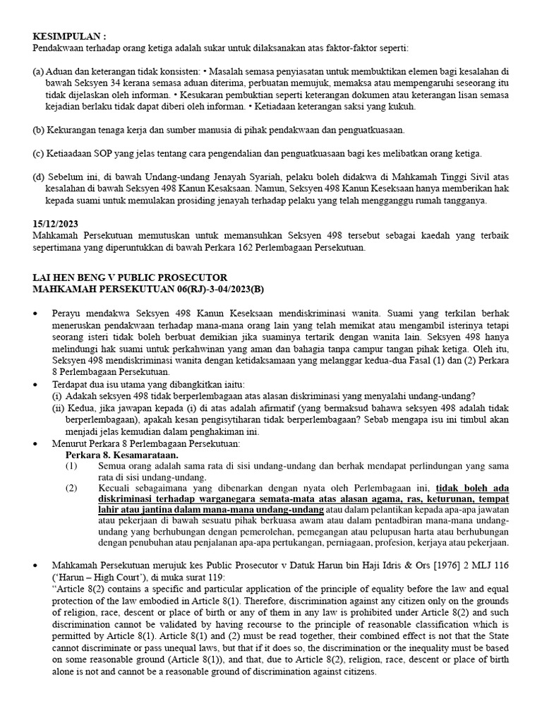 Lai Hen Beng V PP - Pemansuhan Seksyen 498 Kanun Keseksaan | PDF