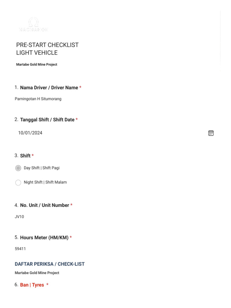 Pre-Start Checklist Light Vehicle | PDF