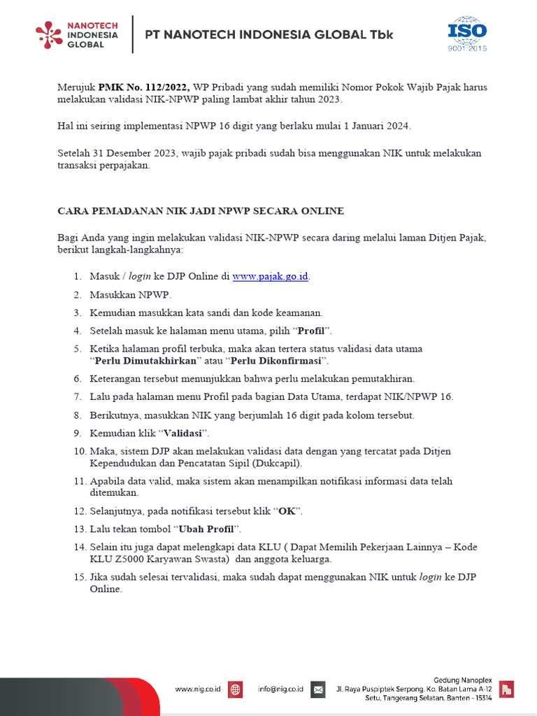 Cara Pemadanan NPWP - NIK Melalui DJP Online | PDF