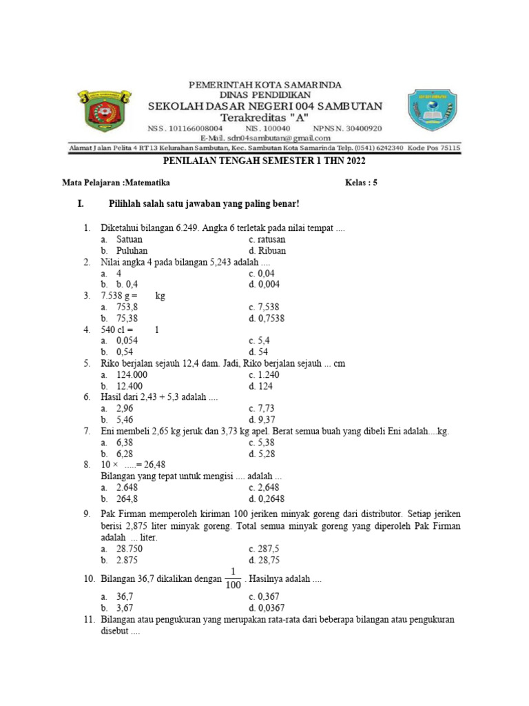 Soal PTS MTK Ganjil Kls 5 2022 | PDF
