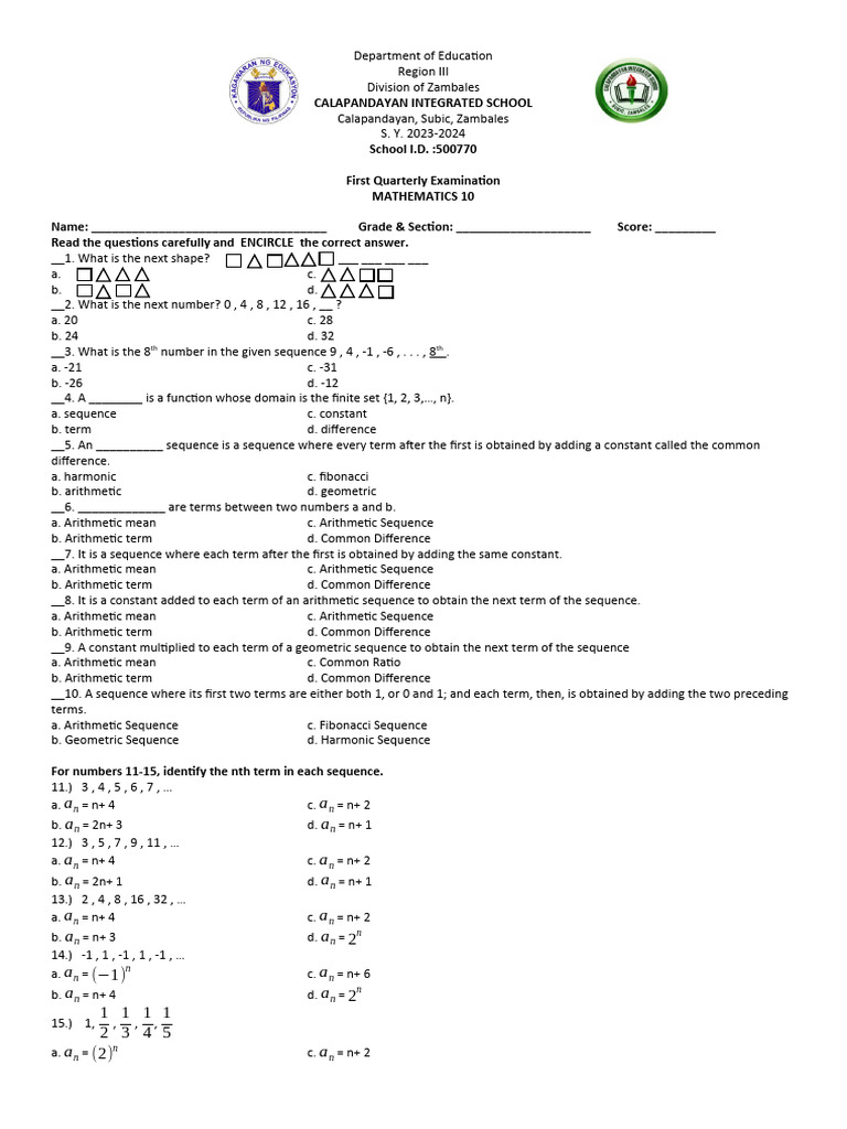 g10 1stgrading Exam Math | PDF | Sequence | Algebra