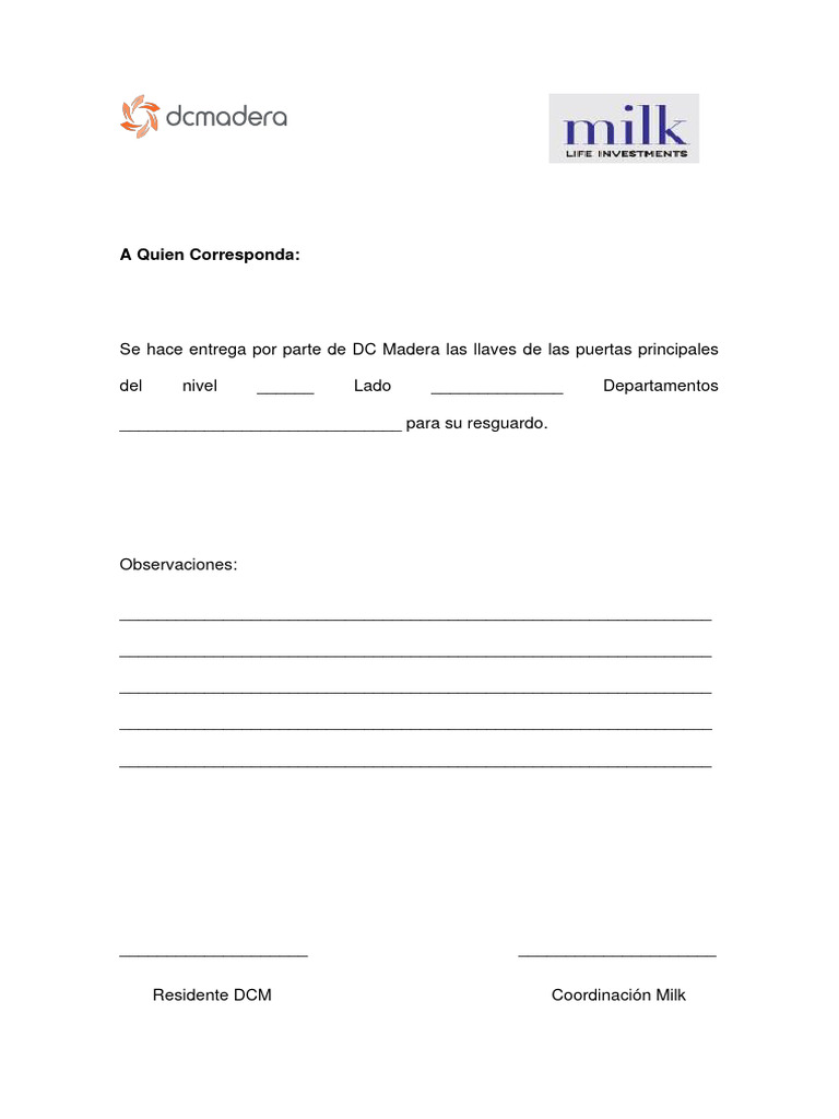 Formato Entrega de Llaves | PDF