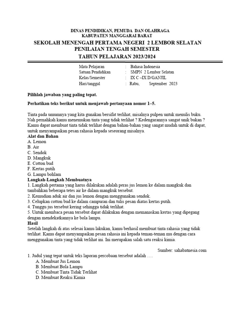 Uts Bindo Kles 9 2023 | PDF