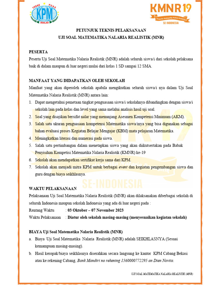 Juknis Uji Soal Matematika Nalaria Realistik 2023 | PDF