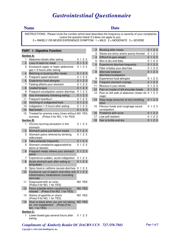 Gastrointestional Questionnaire | PDF | Bloating | Gastroenterology