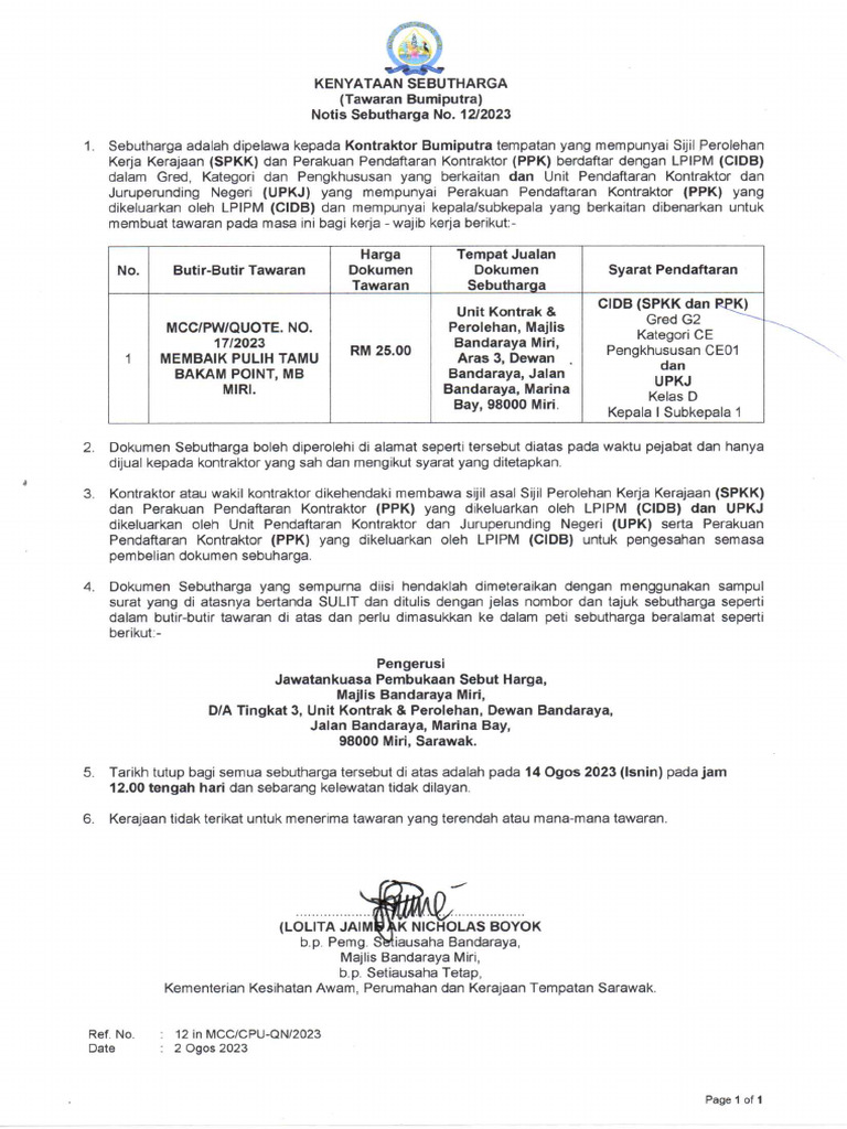 Notis Sebutharga No. 12-2023 Closing 14.8.2023 | PDF