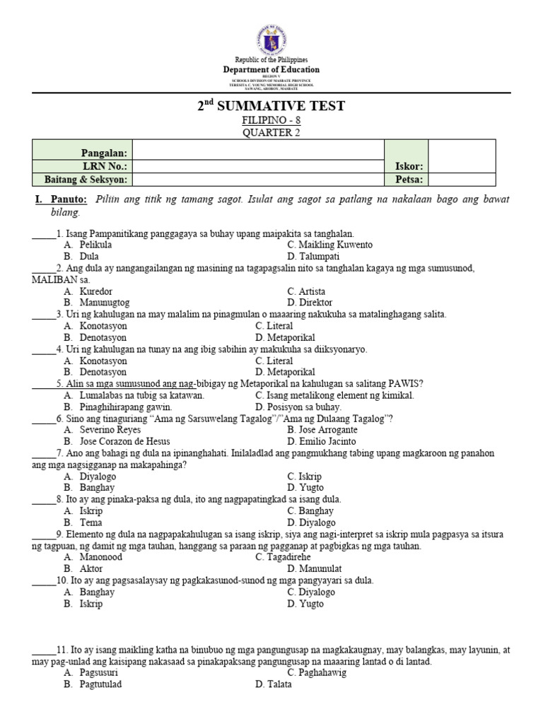 Summative Test 2 FILIPINO 8-Q2 | PDF