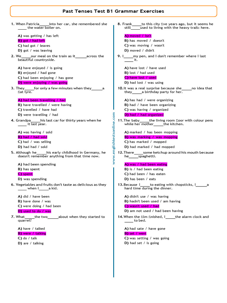 485 - Past Tenses Test b1 Grammar Exercises | PDF | Food And Drink