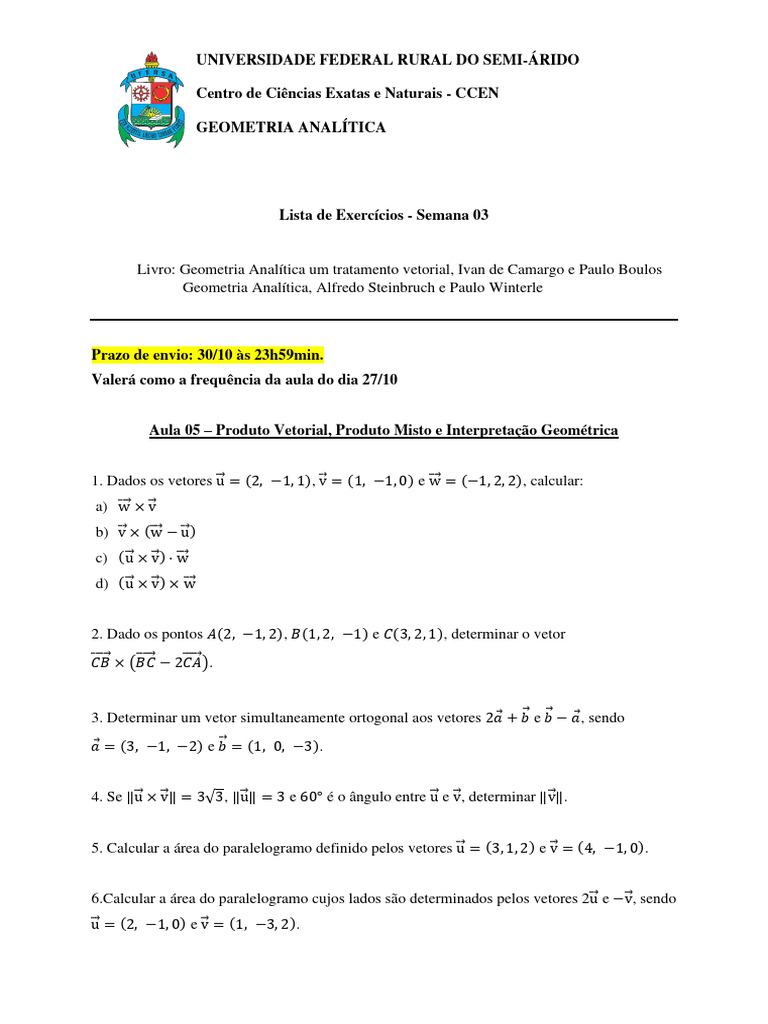 Lista De Exercícios Semana 03 Pdf Vetor Euclidiano Álgebra Linear