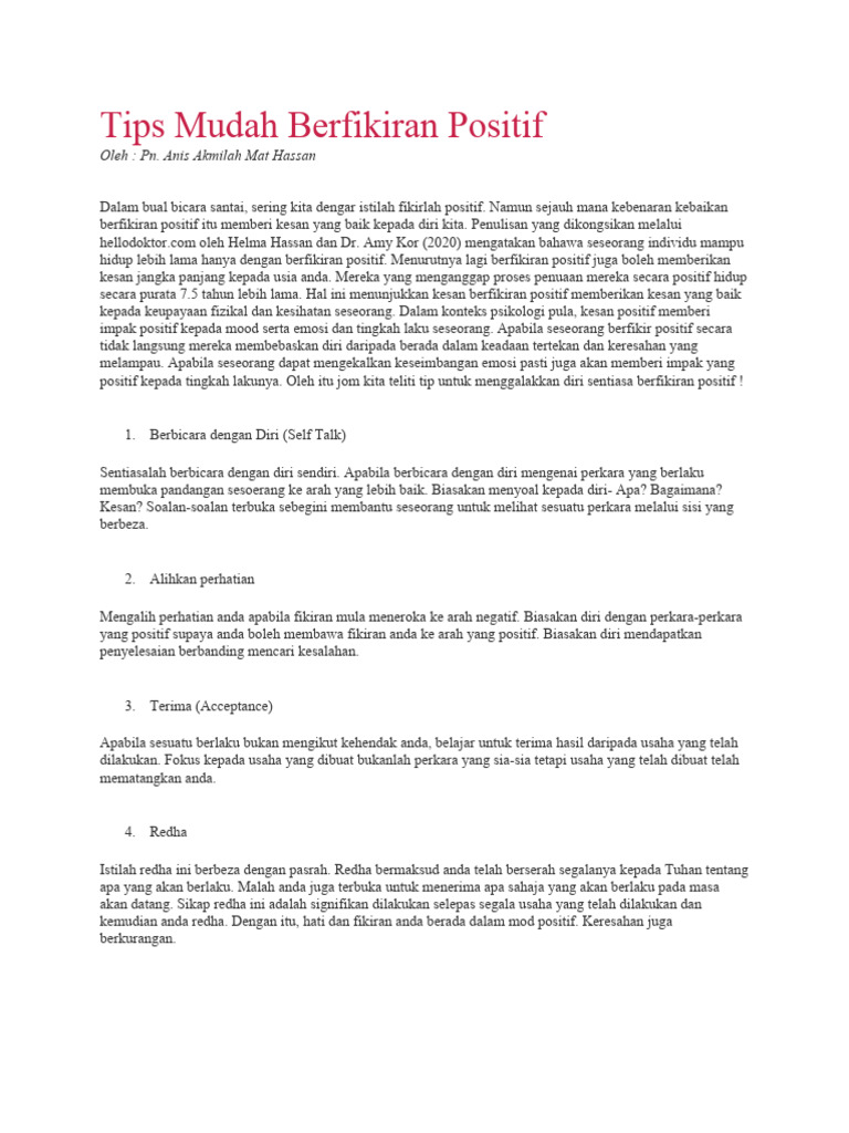 Tips Mudah Berfikiran Positif | PDF