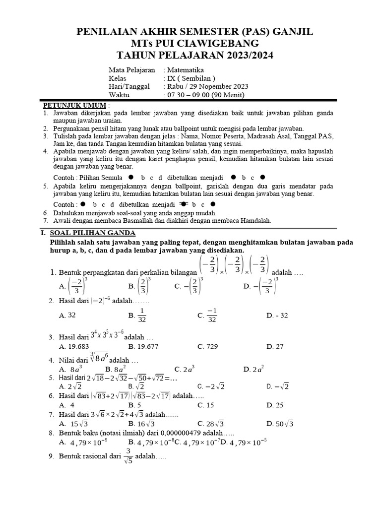 Soal Pas MTK Kelas Ix TP.2023-2024 | PDF | Metode & Bahan Ajar