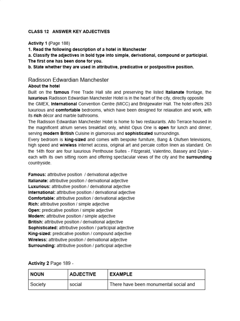 Class 12 Answer Key Adjectives | PDF | Adjective | Linguistics