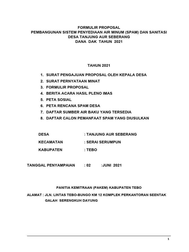 Proposal Pamsimas Desa Tanjung Aur Seberang | PDF