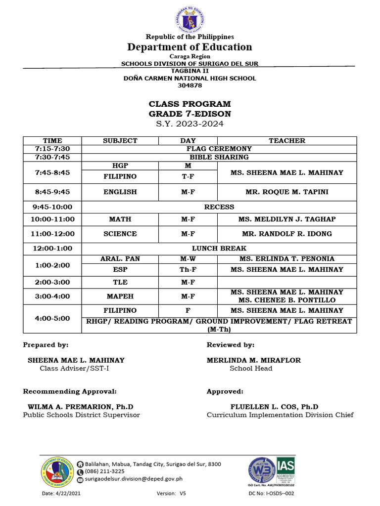 Class Program Sy 2023 2024 | PDF | Asia | Southeast Asia