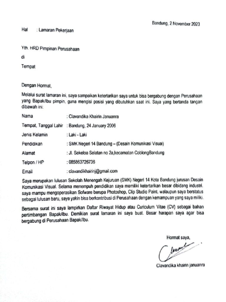 Clavandika Khairin J SMKN 14 BDG Lamaran Dan CV | PDF
