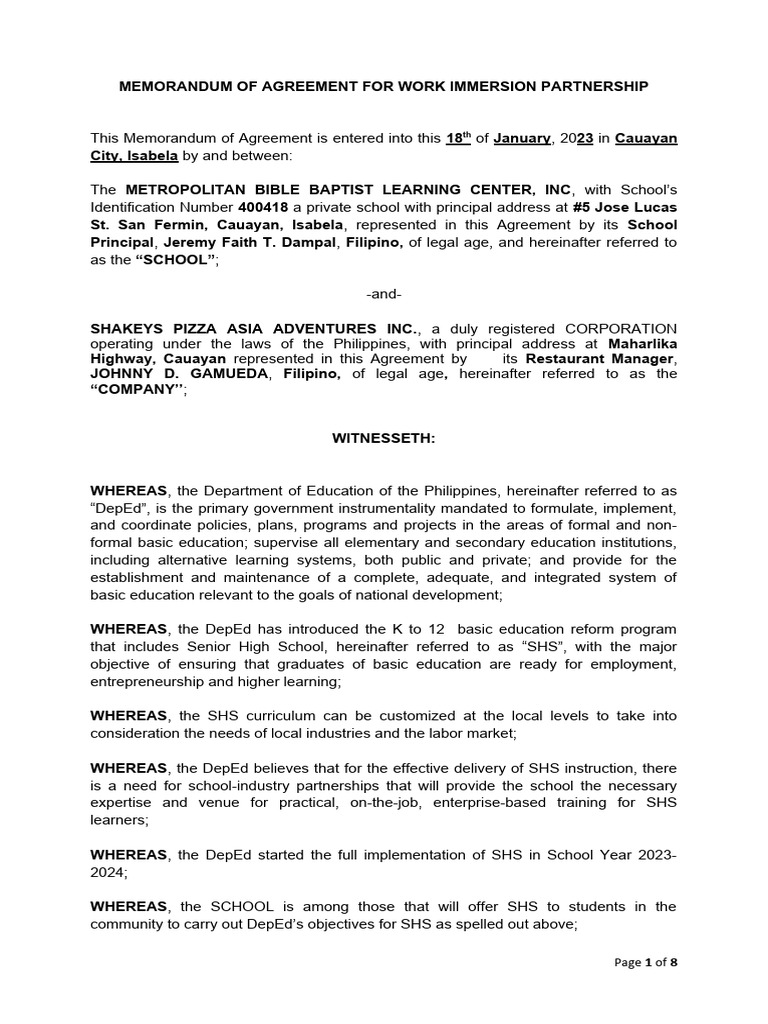 Work Immersion MOA | PDF | Employment | Legal Liability