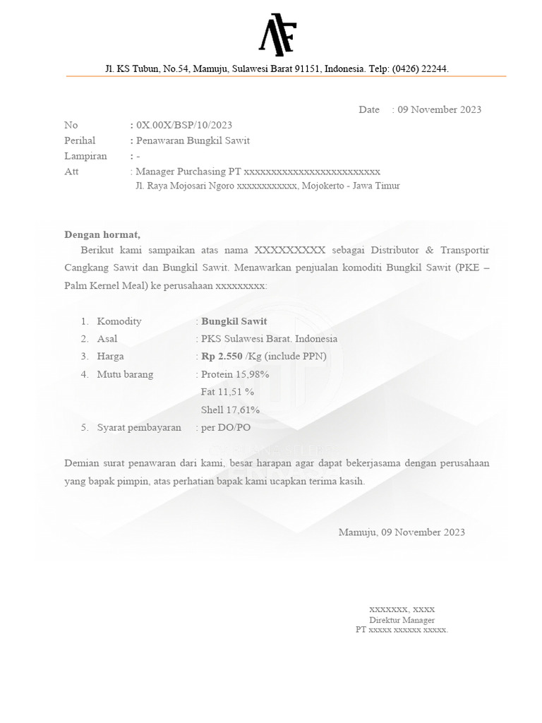 Draft Surat Penawaran Bungkil Sawit | PDF
