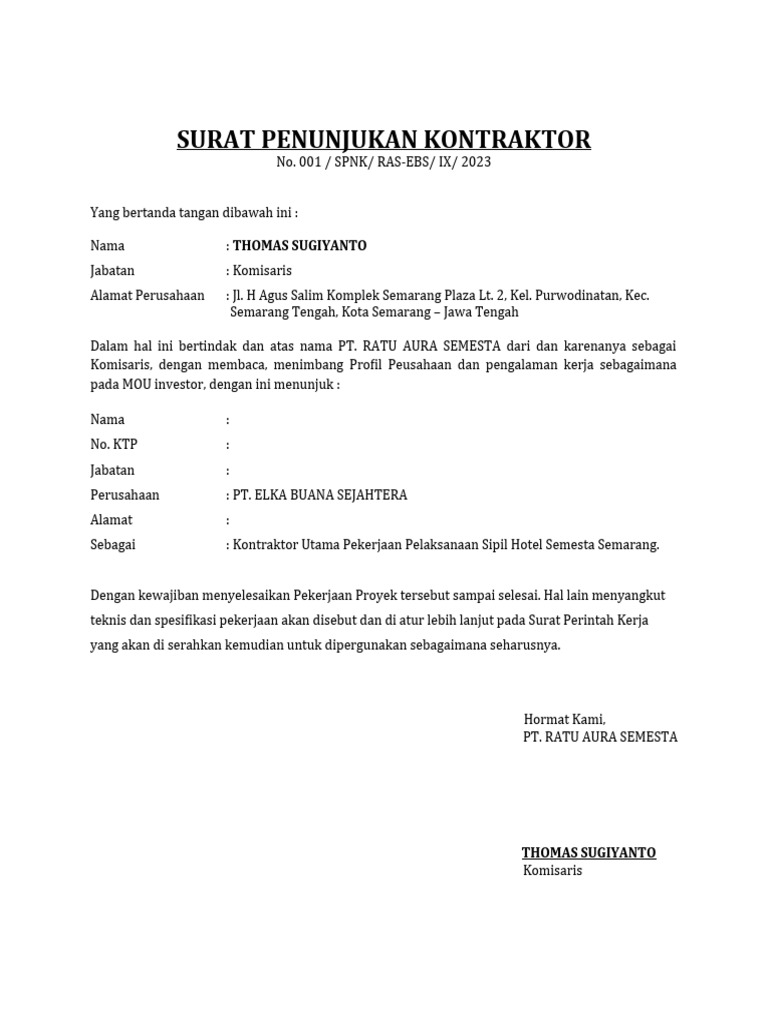 Surat Penunjukan Kontraktor Utama | PDF