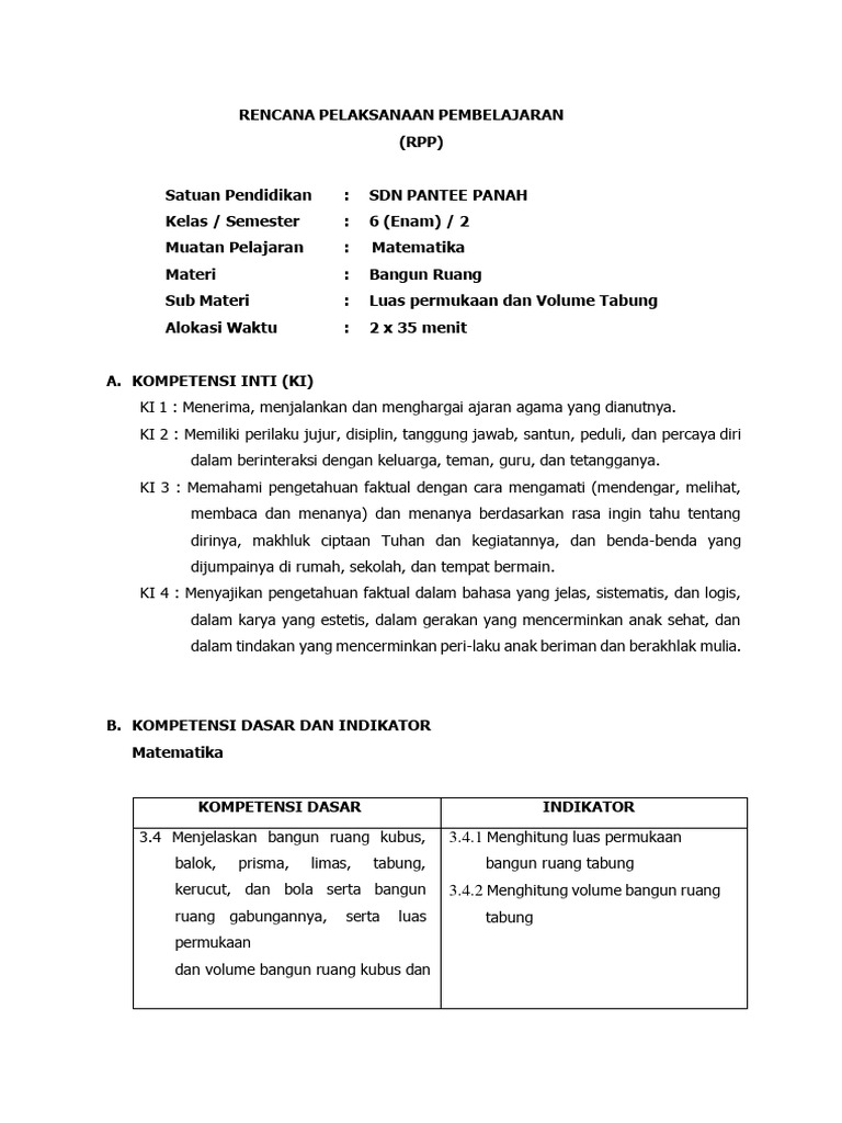 RPP Luas Permukaan Dan Volume Tabung | PDF
