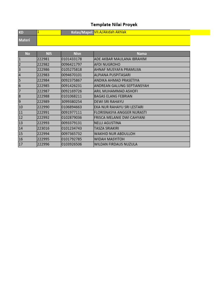 Template Nilai Proyek Akidah Akhlak VII.A | PDF