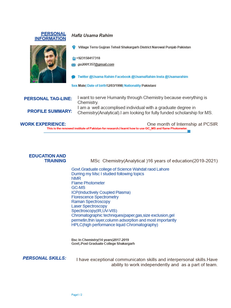 CV of Usama | PDF | High Performance Liquid Chromatography | Gas Chromatography–Mass Spectrometry