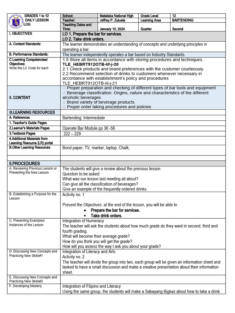 Prepare Bar For Service | PDF | Learning | Teachers