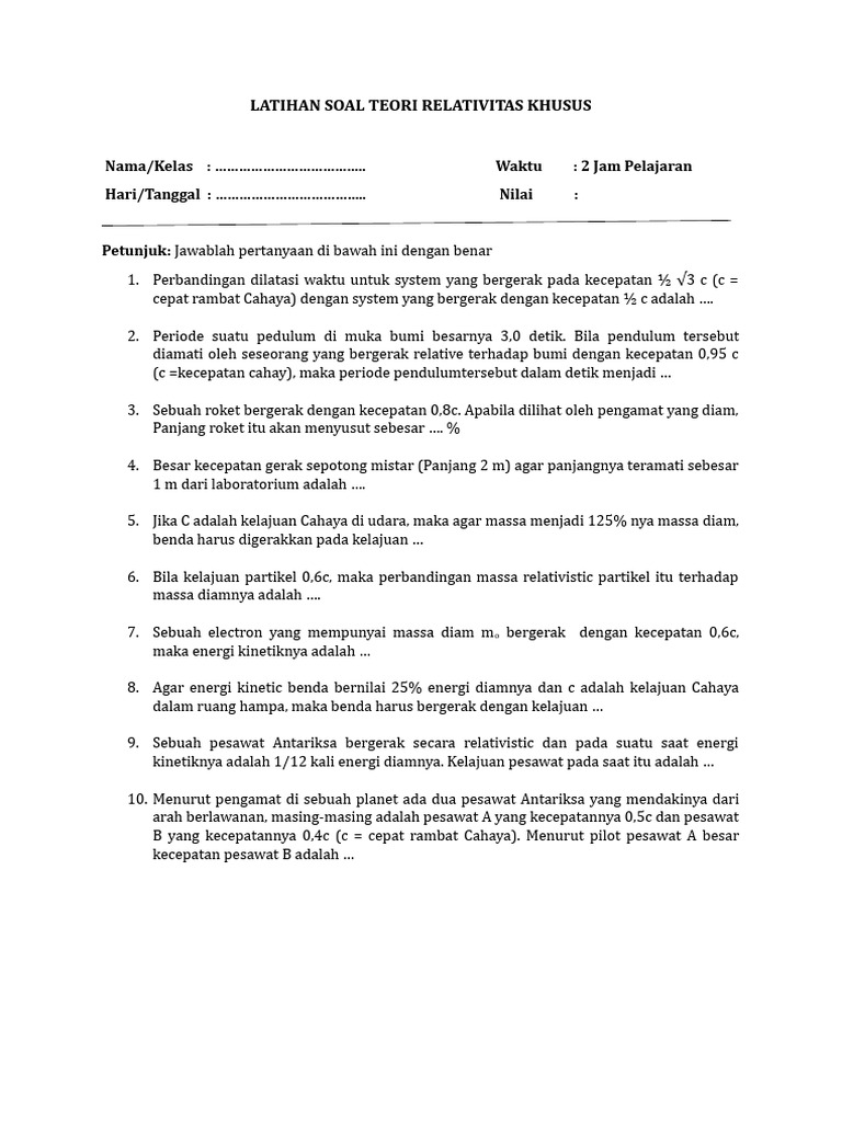 Latihan Soal Teori Relativitas Khusus | PDF