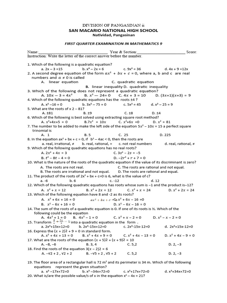 Q1 Math-9-Actual Exam | PDF | Quadratic Equation | Equations