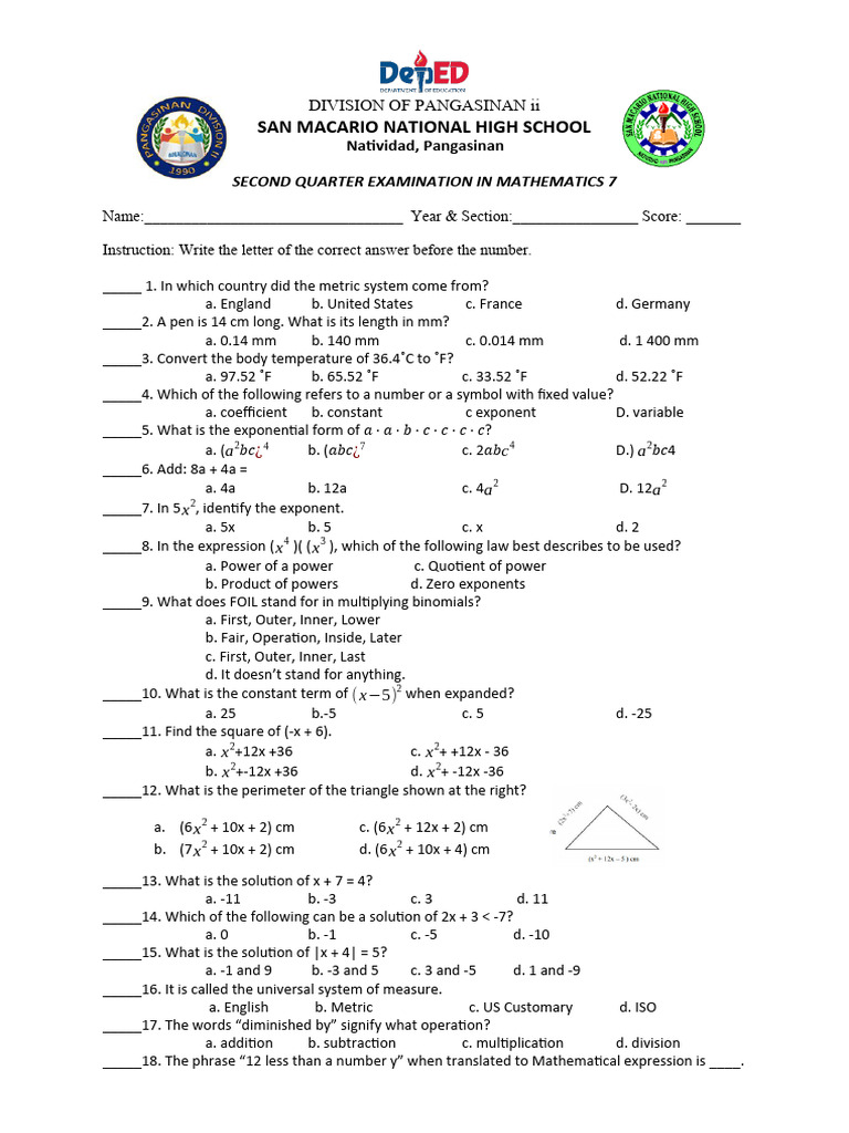 2ND Quarter Exam Math 7 | PDF | Exponentiation | Applied Mathematics
