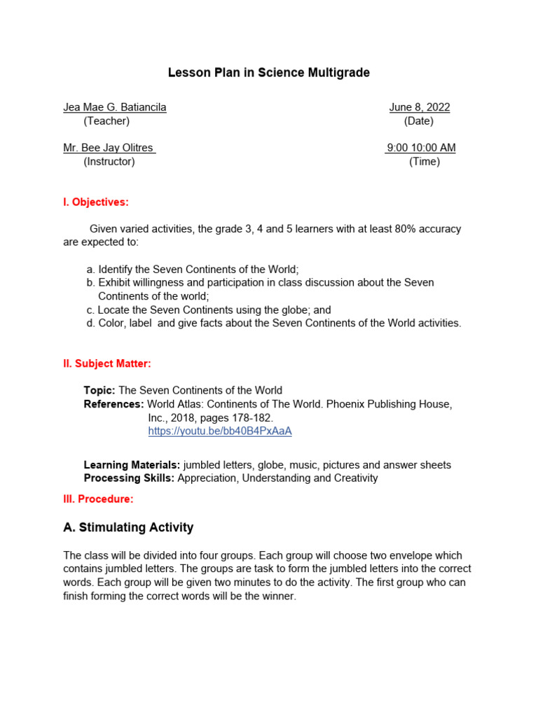 Seven Continents Lesson Plan | PDF | Continent | Cognition