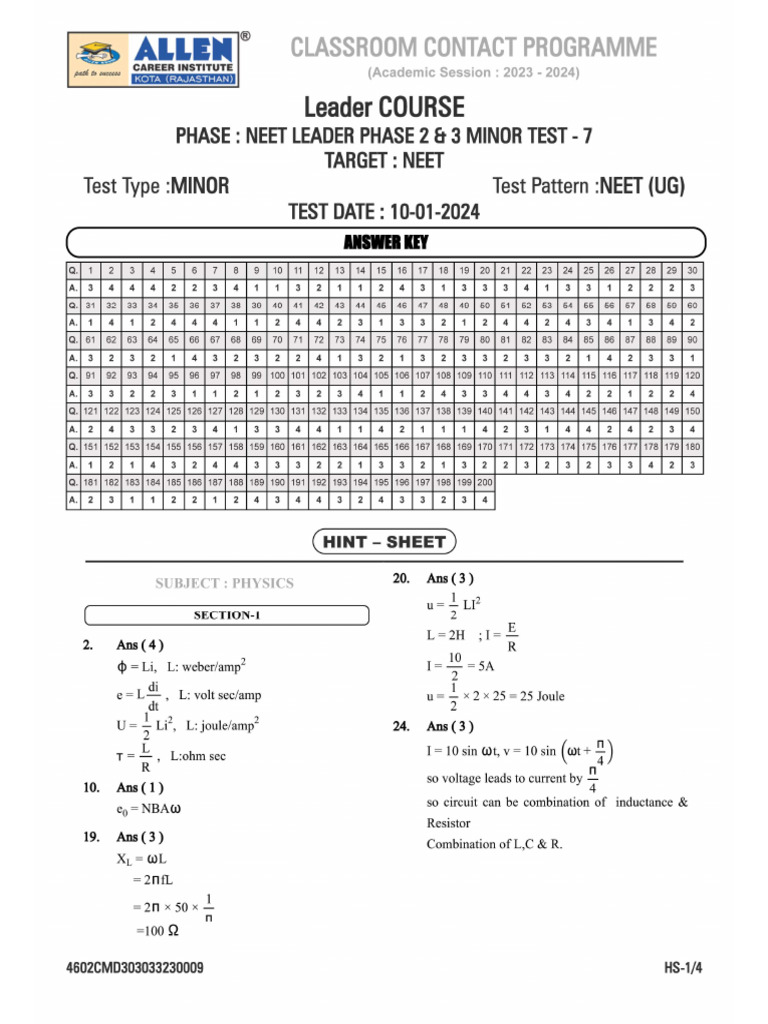NEET-Leader - Phase 2 & 3 - Minor Test - 7 - 10.01.2024 - Key ...