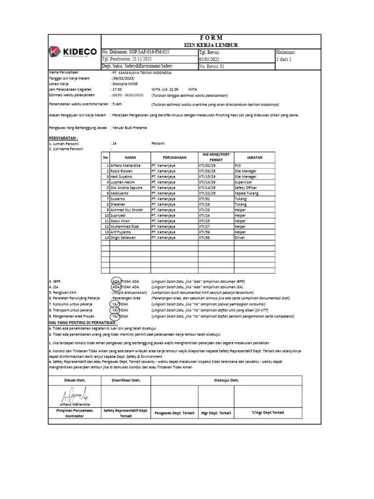 Sop - Saf-016-Fm-025 Form Izin Kerja Lembur | PDF