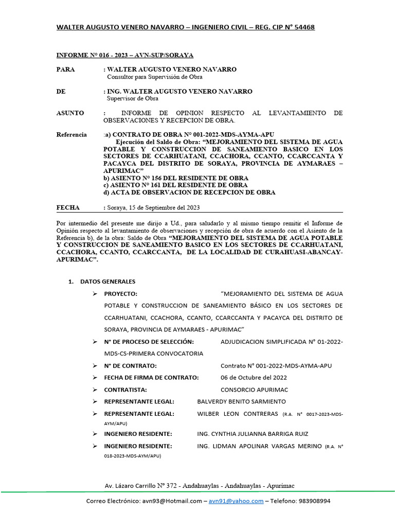 Informe #016-2023 Inf. de Conformidad de Levantamiento de Obs. | PDF