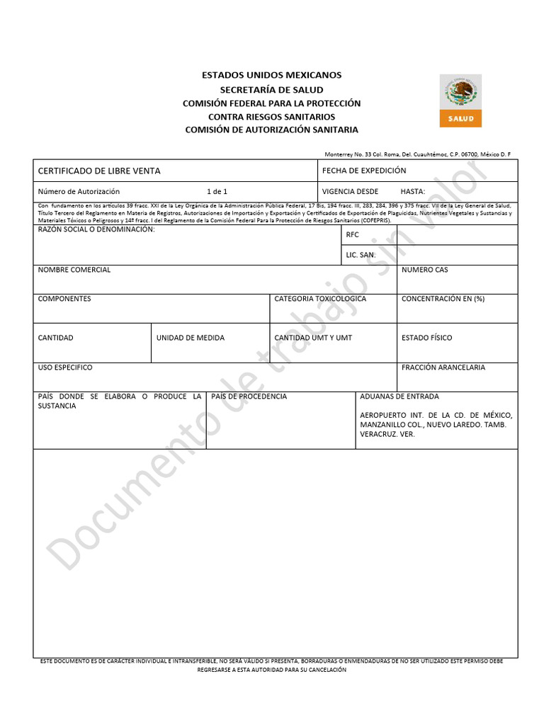 U3 Act1 Caso4 Certificado Libre de Venta | PDF | Cuidado de la salud | Seguridad y salud ocupacional