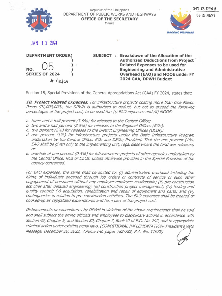 Engineering and Administrative Overhead (EAO) and MOOE Under FY 2024 ...