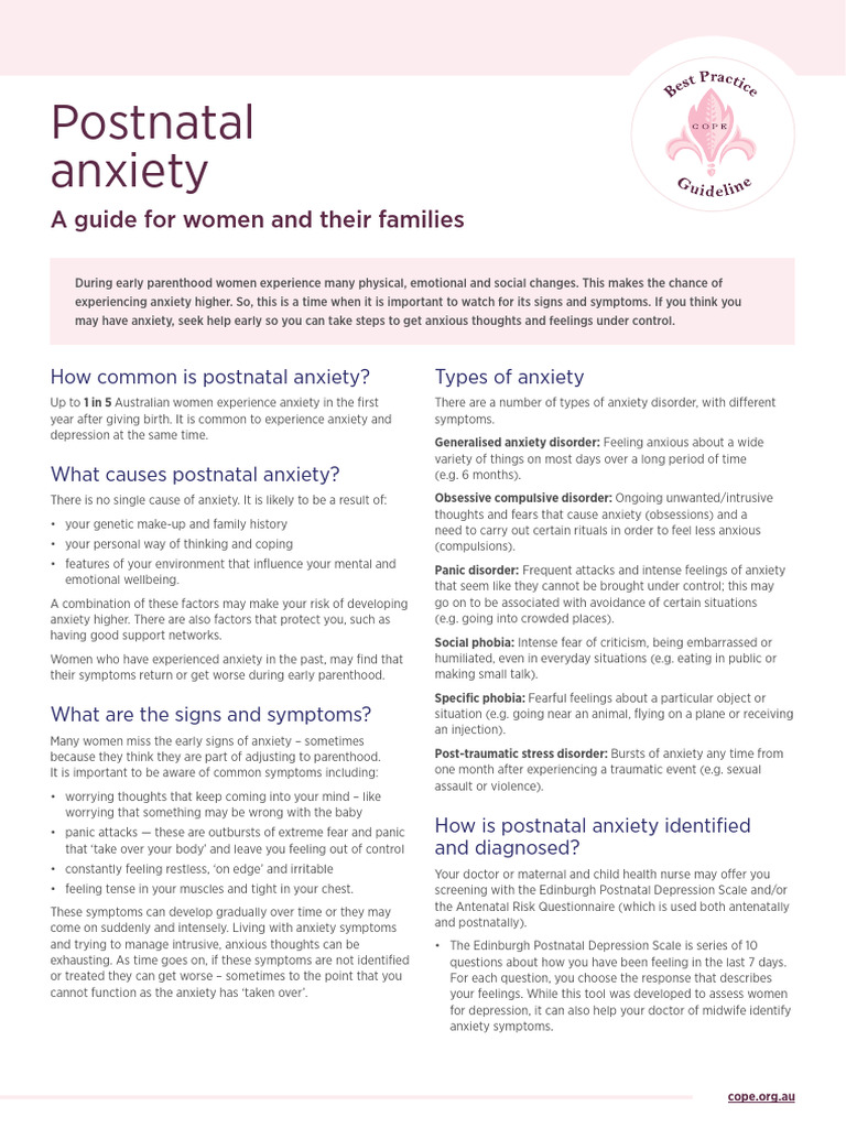 Postnatal Anxiety - Consumer Fact Sheet | PDF | Anxiety Disorder ...